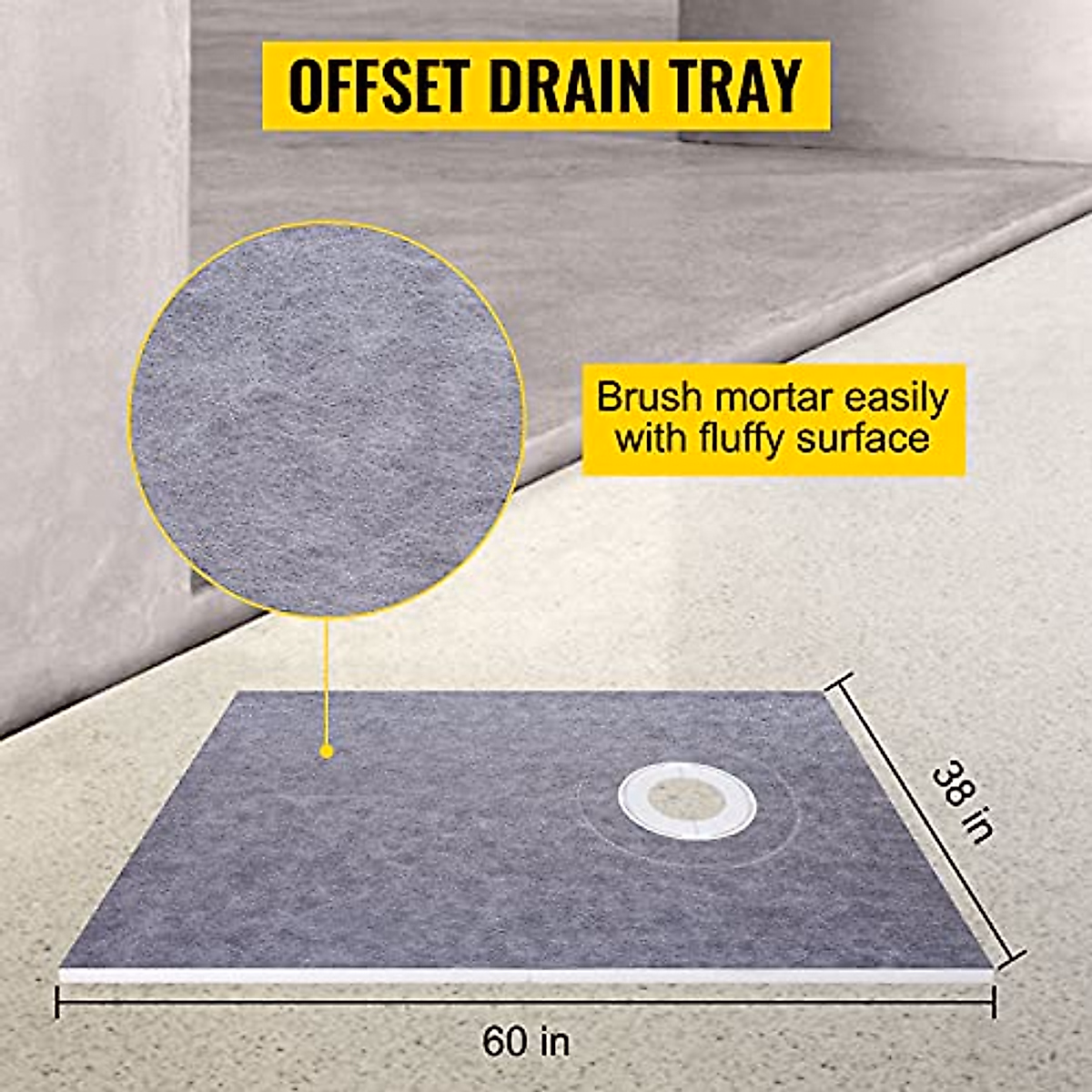 VEVOR Shower Curb Kit, 38"x60" ABS Watertight Shower Curb Overlay with 4" ABS Offset Bonding Flange, 4" Stainless Steel Grate and Trowel, Cuttable Shower Curb, Shower Pan Fit for Bathroom