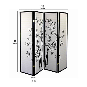 Benjara Wood and Paper 4 Panel Room Divider with Bamboo Print, White and Black