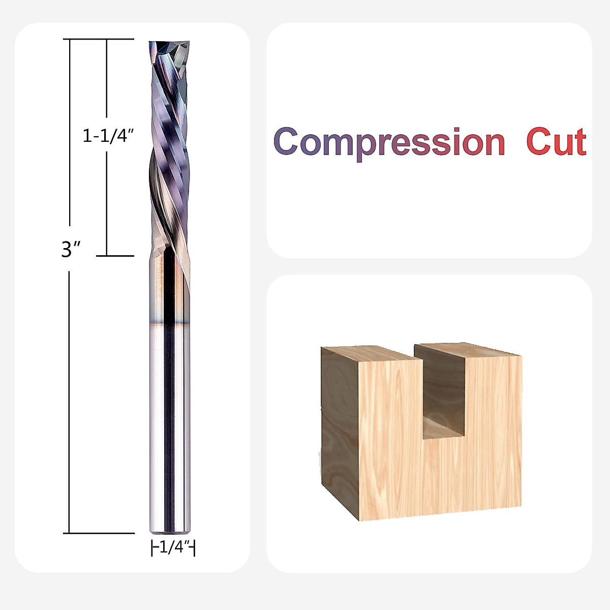 SpeTool UP&Down Compression Bit 1/4" Shank,1-1/4Inch Cutting Length 3 Inch OVL,Carbide Spiral Router Bits CNC End Mill with TAC Extra Long Life Coating for Wood Carving