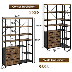 BTHFST Corner Bookshelf with 6 Fabric Drawers, Convertible Tall Bookcase 7 Tier, Industrial Book Shelf with Metal Frame, Wide Bookshelves for Living Room Home Office, Rustic Brown & Black