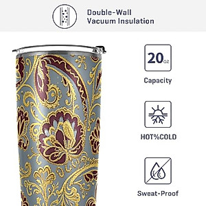 HXshaoye retro fashion flower paisley red gold Stainless Steel cup with straw with Lid and Straw travel travel mugs insulated for hot for School, Sports, Daycare, Camp & More leakproof coffee mug 20