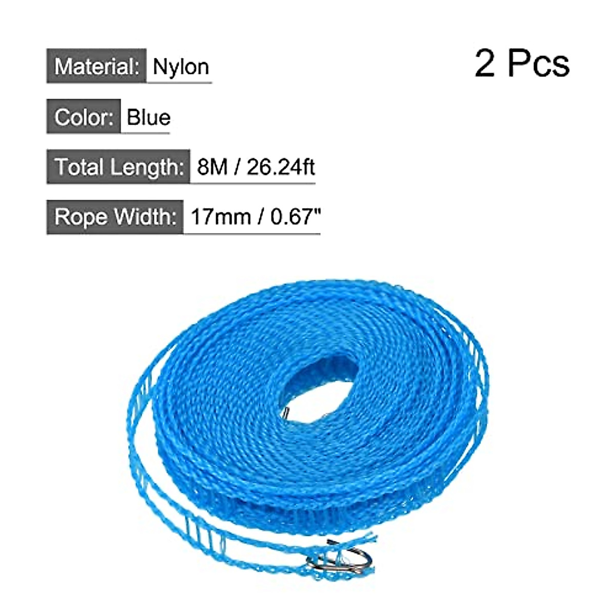 uxcell Portable Clothesline, 26.24ft Nylon Windproof Non-Slip Washing Line Rope for Courtyard Outdoor Travel Camping Laundry Drying, Blue 2 Pcs