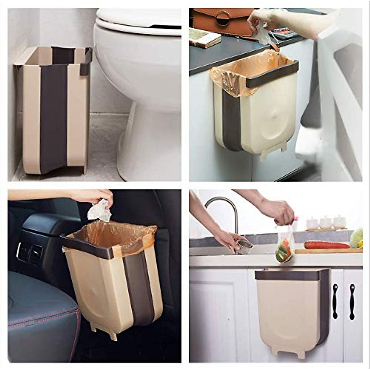 2.4 Gallon Rectangular Folding Hanging Trash Can, Trash Can for Kitchen, Bathroom, Powder Room, Bedroom, Office (Brown)The package comes with the free-tickets for separate dry and wet garbage