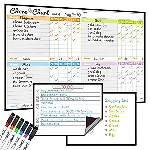 Magnetic Dry Erase Chore Chart Set for Fridge-Used for Multiple Kids-One Chore Chart and Two Bonus Dry Erase Pad/Grocery Boards-Behavior Chart for Multiple Kids-6 Extra Fine Tips Markers Included!