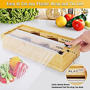 Wizsofer 2 in 1 Foil and Plastic Wrap Organizer, Bamboo Plastic Wrap Dispenser with Cutter and Labels, Plastic Wrap, Wax Paper, Aluminum Foil Organization and Storage for Drawer, Fits with 12" Roll