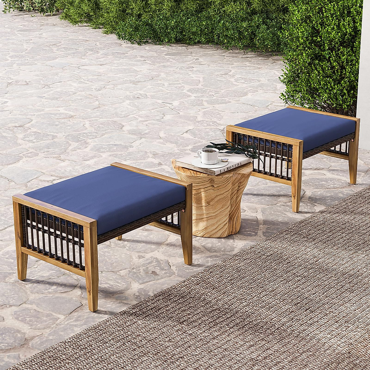 HAPPYGRILL 2 Pieces Outdoor Patio Ottomans, Acacia Wood Outdoor Footstools with Removable Cushions, Multifunctional Outdoor Wicker Footrest, Additional Sating, Navy