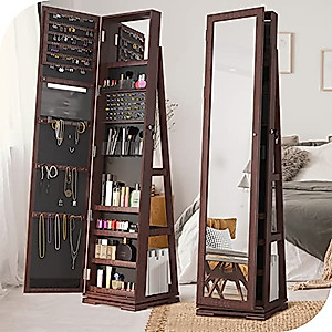 YITAHOME Jewelry Cabinet Standing Jewelry Armoire with Full Length Mirror 360°Swivel Lockable Jewelry Organizer Jewelry Armoire with Bag Storage Shelves, Walnut