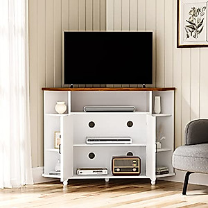 4 EVER WINNER Corner TV Stand for 50 Inch TV, 45” Farmhouse Corner TV Cabinet with LED Light, Adjustable Shelves and Barn Doors, Corner Entertainment Center for Living Room Bedroom, White