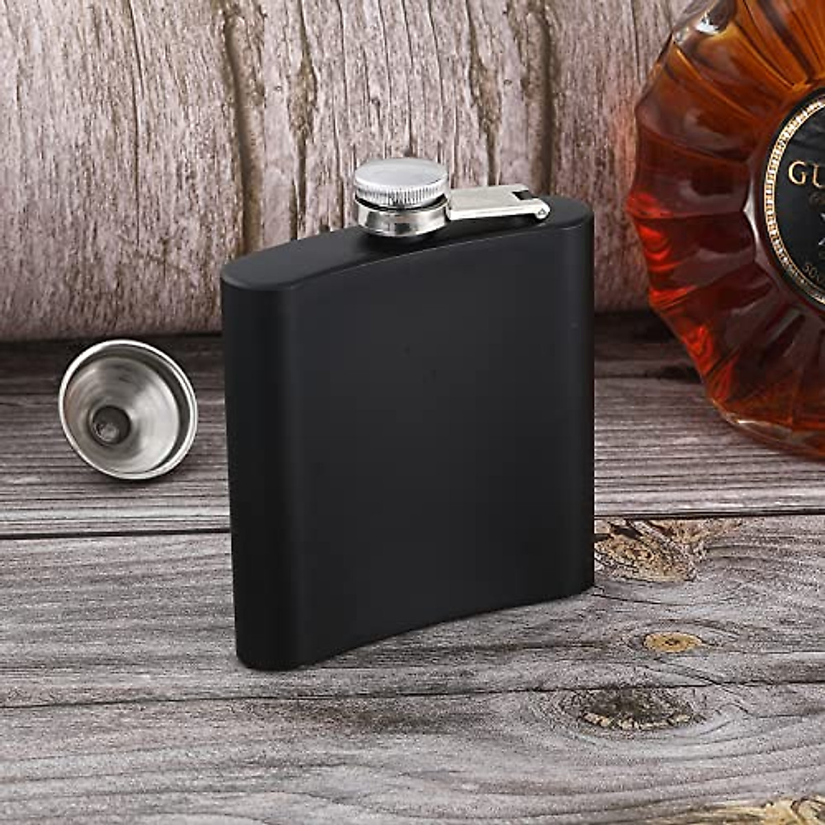 Hip Flask for Liquor 1PCS Black Thin Flasks with Silver Cap 6oz Stainless Steel Leakproof with 1pcs Funnel for Gift, Camping, Wedding Party