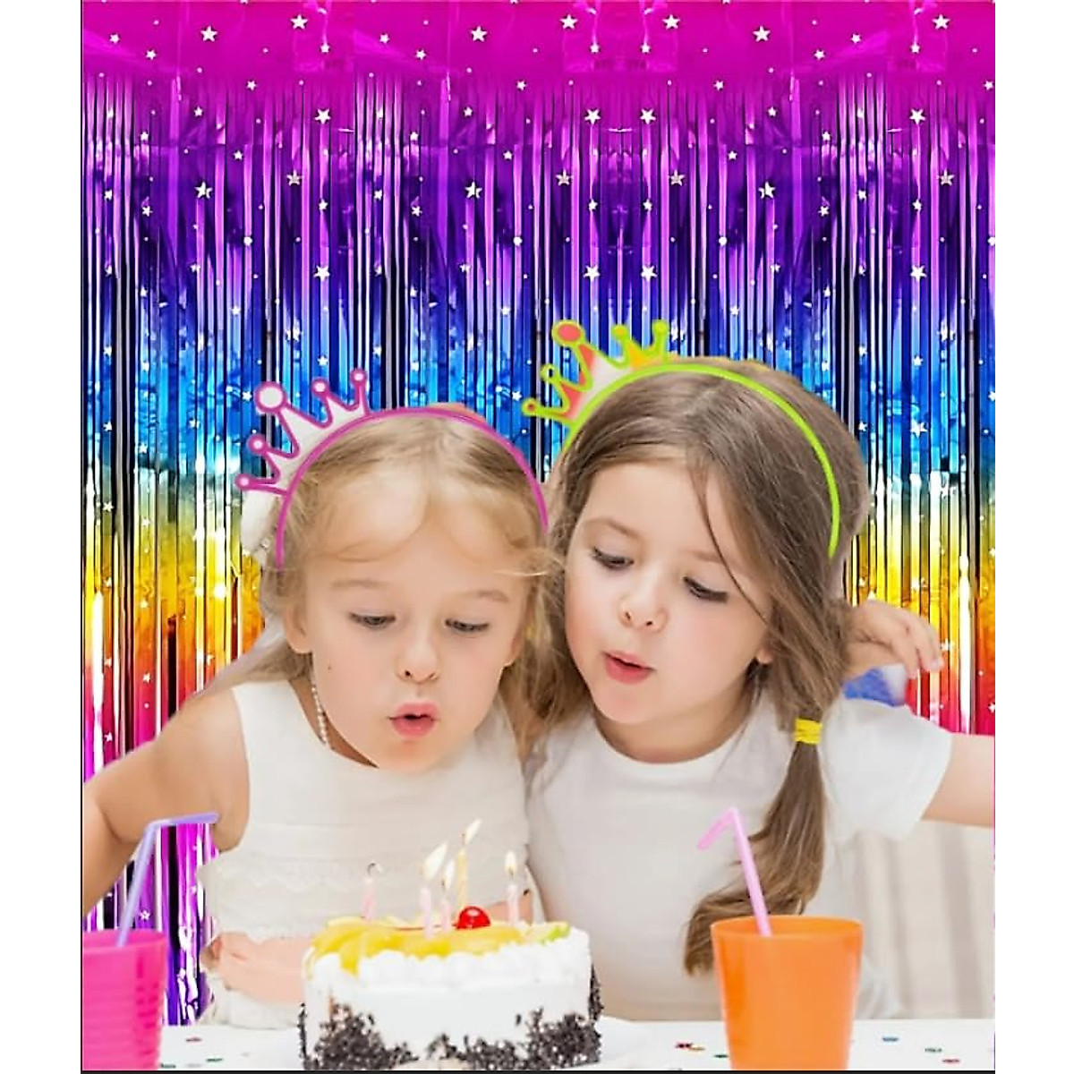 Masxkle 2 Pack (3.3x6.6Ft) Sparkling Neon Rainbow Party Decorations Rainbow Foil Fringe Curtain Backdrop for Birthday Wedding Engagement Bridal Shower Cartoon Party Decorations