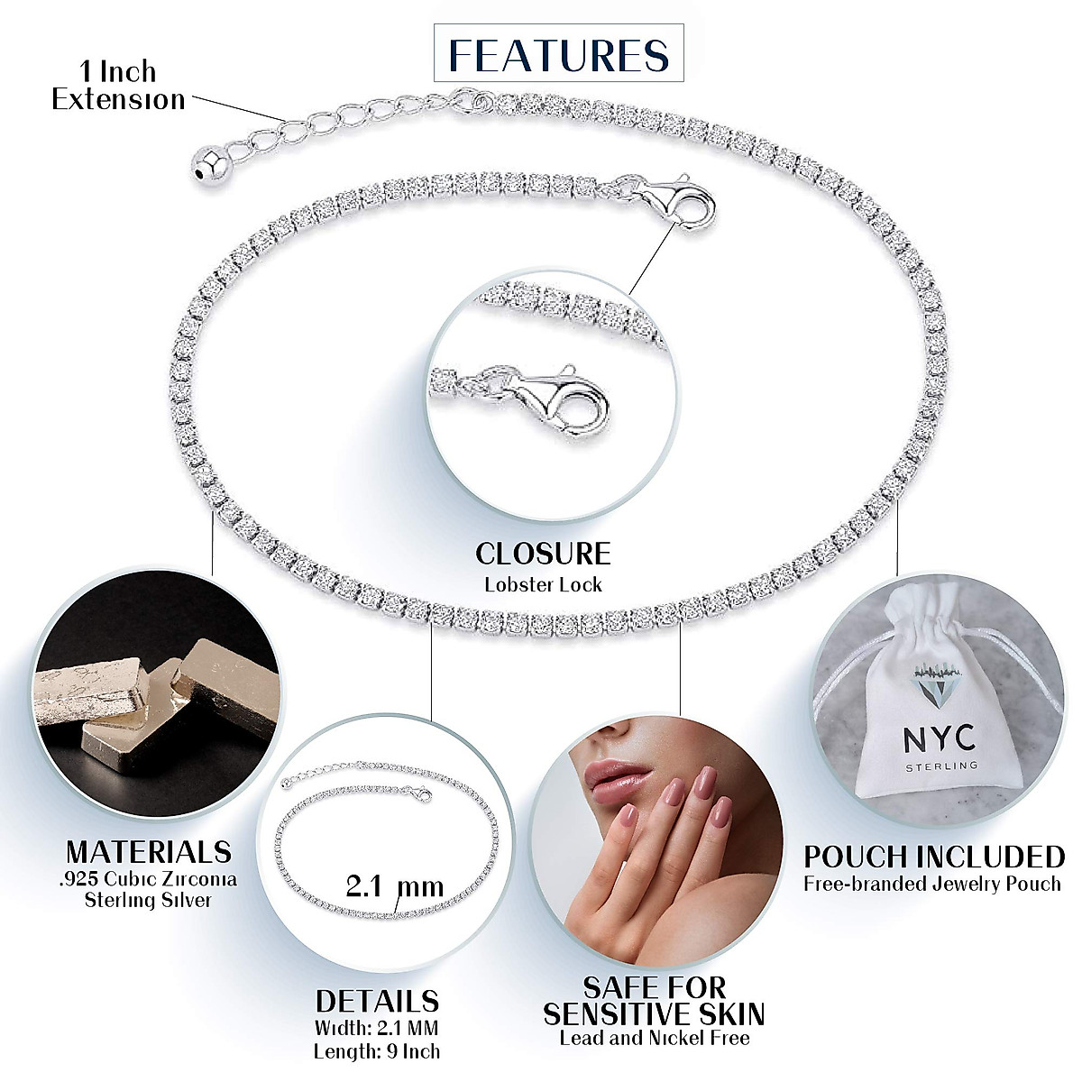 NYC Sterling Women Sterling Silver Cubic Zirconia Anklet Bracelet (Silver)