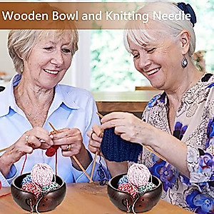 Wooden Yarn Bowl Crocheting Bowl Round Knitting Wool Storage Yarn Bowl Handmade with Holes 12 Pieces Crochet Hooks for Crocheting Knitting DIY Crafts Tools (Dark Brown,7 x 7 x 3 Inch)