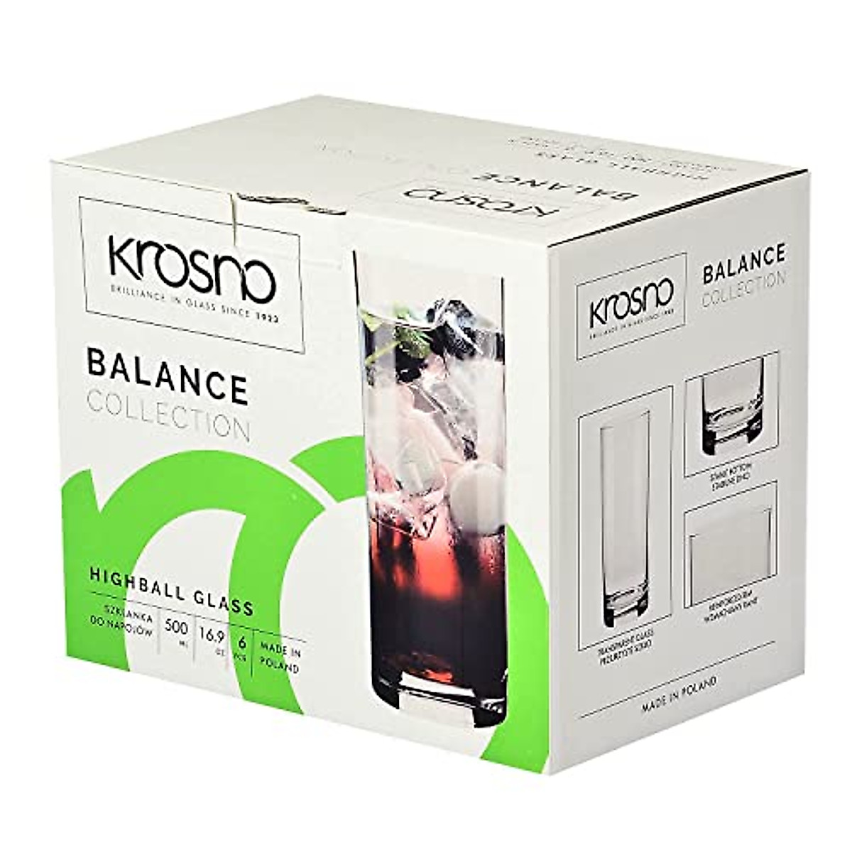 KROSNO Tall Water Juice Drinking Glasses | Set of 6 | 16.9 oz | Balance Collection | Highball & Tumbler Crystal Glass | Perfect for Home Restaurants and Parties | Dishwasher Safe | Gift Idea | Made in Europe