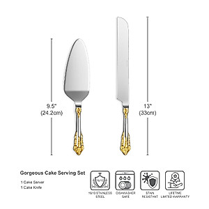KEAWELL Gorgeous Wedding Cake Knife and Server Set, 18/10 Stainless Steel, Fine Luxury Cake Cutting Set (Gold Accent)
