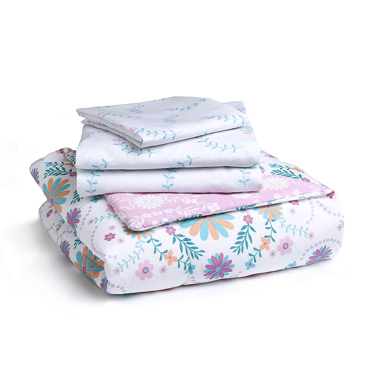 Delta Children Toddler Bedding Set | Girls 4 Piece Collection | Fitted Sheet, Flat Top Sheet w/Elastic Bottom, Fitted Comforter w/Elastic Bottom, Pillowcase, Bohemian | Pink/Multi