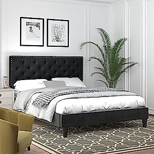 Catrimown Queen Bed Frame, Velvet Upholstered Bed Frame with Adjustable Button Tufted & Nailhead Trim Headboard, Wooden Slat Support/No Box Spring Needed/Easy Assembly, Black