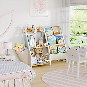 LATIBELL 3 Tier Kids Bookshelf and Toy Storage, Kids Book Sling Shelf, Montessori Baby Toddler Bookshelf for Kids, Kids Bookcase, Toy Storage Organizer, for Playroom, Bedroom, Nursery (Burlywood)