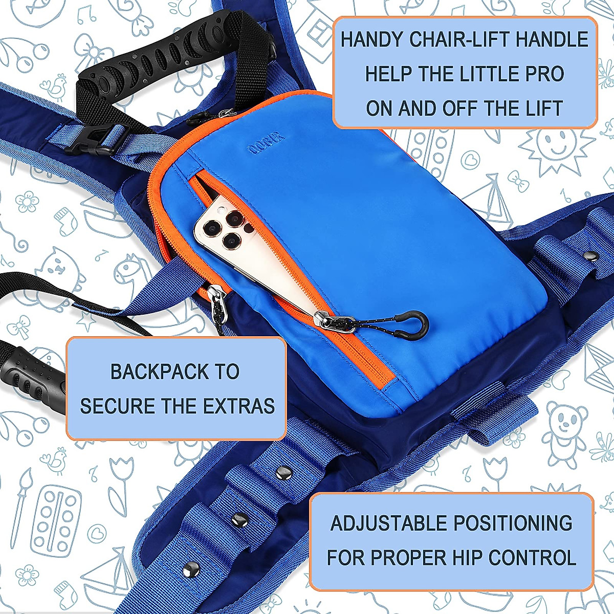 skiguard Ski Harness Trainer for Kids: Teach Your Child The Speed Control of Skiing and Snowboarding - Shock Absorbing Leashes - Mini Backpack - Adjustable Seat Harness - Perfect for Beginners
