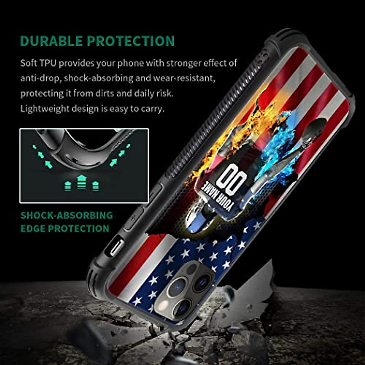 DJSOK Case Compatible with Personalized Rugby Football Sport-Custom America Flag Name Number Custom Phone Cove case for iPhone 15/14 Pro Max 13 12 11 Mini/Xs X Xr/7 8 Plus SE2 2020 Men Women Fans Gift