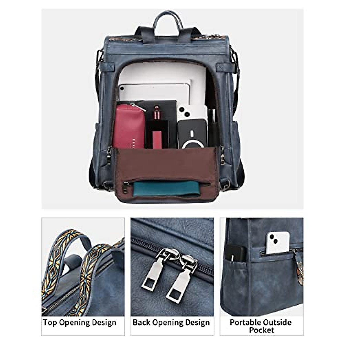 FADEON Womens Leather Backpack Purse Designer Travel Ladies Shoulder Bag Back Opening Backpack Purses for Women Blue