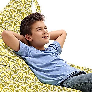 Ambesonne Yellow Lounger Chair Bag, Vintage Hand Drawn Style Art Nouveau Pattern Geometrical Retro Scales Japanese, High Capacity Storage with Handle Container, Lounger Size, Yellow White