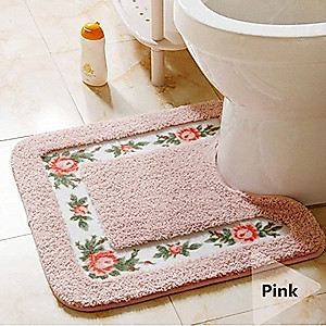 UKELER Non-Skid Floral Rose Bathroom Contour Rugs, Set of 2 Soft Shaggy Non Slip Bath Shower Mat and U-Shaped Toilet Floor Rugs, Pink