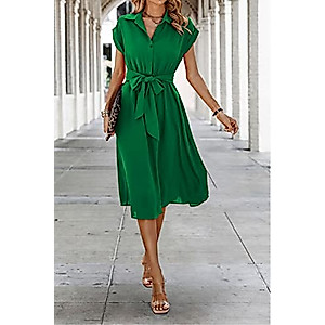 ECOWISH Womens Casual Midi Dresses Solid V Neck Short Sleeve Shirt Dress with Pockets for Spring Summer 2023 Green L