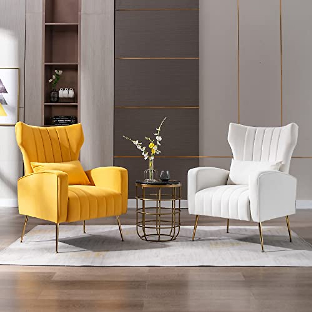 Hyfirm Accent Chairs for Living Room Set of 2, Mid Century Modern Chairs Upholstered Velvet Wingback Arm Chairs, Comfy Leisure Chairs with Lumbar Pillow for Bedroom Office Club, 2PCS, Cream