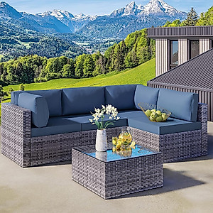 Walsunny Patio Furniture Set, 5 Pieces Outdoor Sectional Sofa Wicker Conversation Sets with Tea Table and Patio Couch Cushions(Aegean Blue)