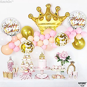 KatchOn, Gold Happy Birthday Balloon Set - 30 Inch, Pack of 7 | Crown Balloons Gold, Gold Confetti Balloons for Birthday Party | Gold Happy Birthday Printed Balloons, Queen Birthday Party Decorations