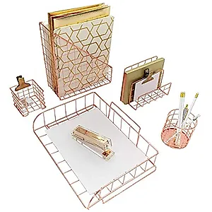 BLU MONACO Rose Gold Desk Organizer - 5 Piece Desk Accessories Set - Letter - Mail Organizer, Paper-Document Tray, Pen Cup, Magazine File Holder - Diagonal Pattern - Office Supplies Stationery Décor