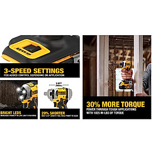 DEWALT ATOMIC 20V MAX* 1/4 in. Brushless Cordless 3-Speed Impact Driver one-pack Bare Tool (1pack ATOMIC 20V MAX Brushless 1/4 in. 3Speed Drive)