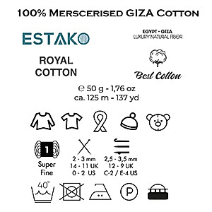 Estako Royal Cotton, (4 Skeins Pack) 100% Mercerized Giza Cotton Yarn, Soft, Super Fino for Crochet and Knitting (4 x 1.76 Oz) / (4 x 137 Yrds) (5066)