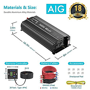 3000W Pure Sine Wave Inverter 12V DC to 120V AC Converter for Home RV Truck Off-Grid Solar Power Inverter 12V to 110V with 5V 2.4A USB Port AC Hardwire Remote Controller by VOLTWORKS Black