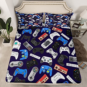 Erosebridal Gamer Fitted Sheet Twin Size Gaming Bed Set Boys Gamepad Bed Cover for Kids Teens Juvenile Retro Video Games Bedding Set for Living Room Dorm Decorative, Blue (No Flat Sheet)
