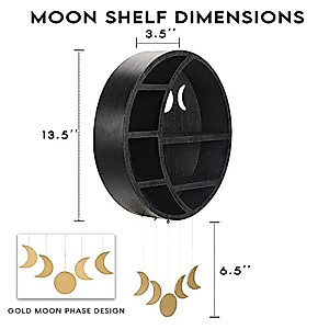 Ella & Emma Wooden Moon Shelf for Crystals - Crescent Moon Crystal Shelf, Crystal Storage & Wall Hanging Shelves for Bedroom Aesthetic, Moon Phase Wall Decor & Crystal Display Shelf, Pinewood, Black