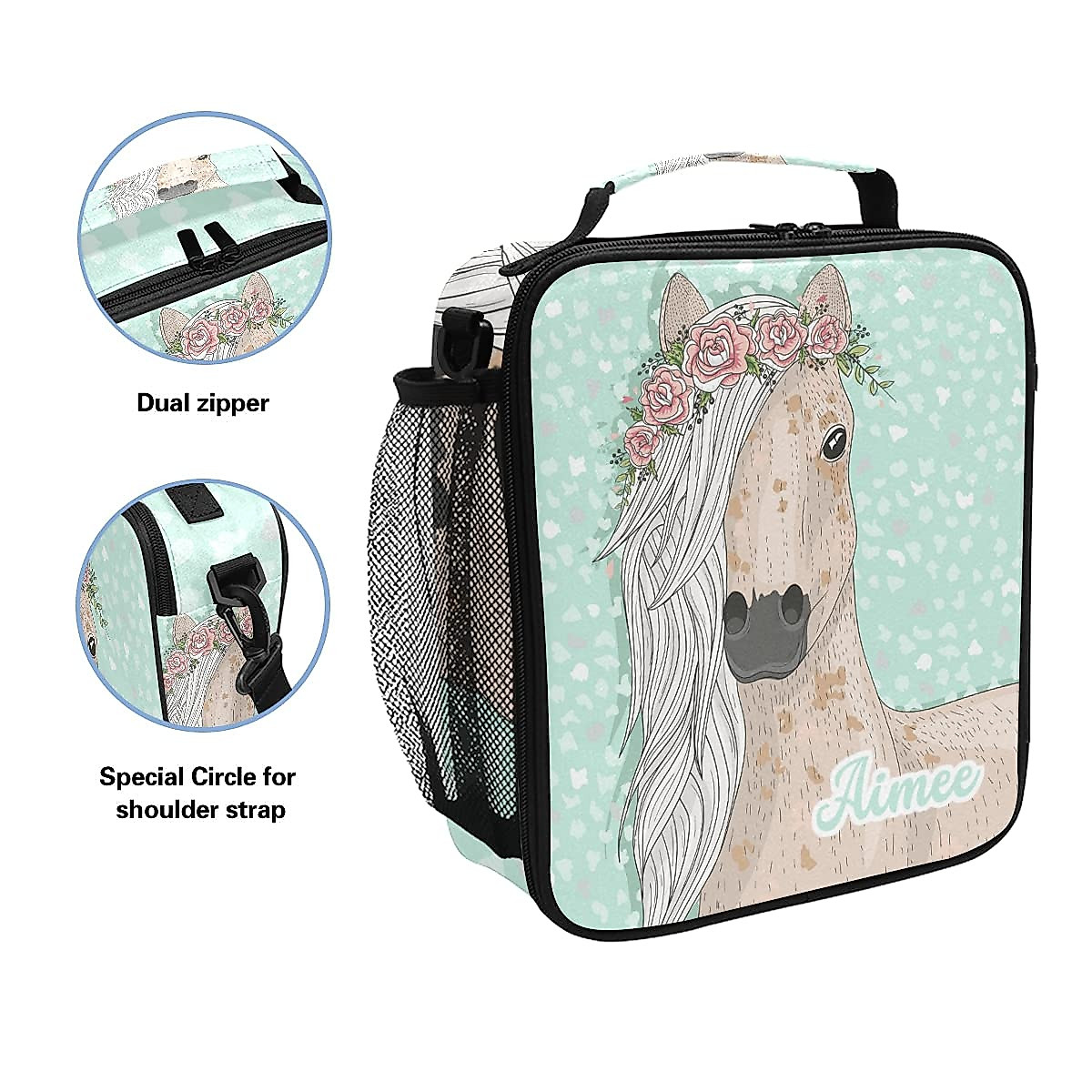 RunningBear Custom Cute Horse Flowers Lunch Bag Personalized Reusable Insulated Lunch Box Bag with Adjustable Strap Portable Travel Zipper Organizer for Adults, Kids, Prepschool
