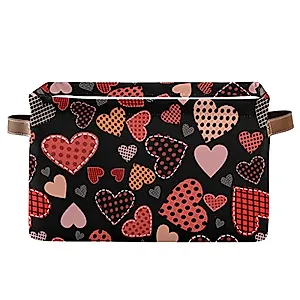 Valentines Day Love Heart Black Storage Basket Fabric Laundry Baskets Happy Valentine's Day Storage Boxes Organizer Bag for Baby Cloth Dog Toy Book Storage Cubes Shelf Closet Bins 16×12×8 Inches