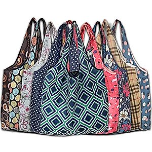 lukar Foldable Reusable Grocery Bags, Portable Reusable Shopping Bags Totes Machine Washable With Handles Folding Storage Bag, 10 Pack Flower Small daisy Leaf Lattice (1 extra small bag Design)