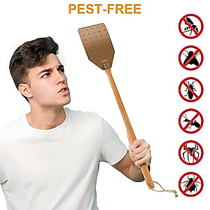 Leather Fly Swatter for Indoors/Outdoors, Heavy Duty Flyswatter with Walnut Wood Handle 19.7" Long Fly swatted Manual for Bug, Flies, Bees, Mosquitoes Brown