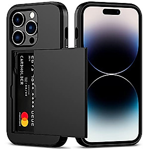 Nvollnoe for iPhone 14 Pro Case with Card Holder Heavy Duty Protective Dual Layer Shockproof Hidden Card Slot Slim Wallet Case for iPhone 14 Pro for Women&Men(Black)