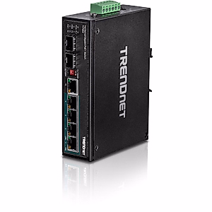 TRENDnet 6-Port Hardened Industrial Gigabit PoE+ DIN-Rail Switch,TI-PG62,4 x Gigabit PoE+ Ports, 1 x Shared Gigabit Port (RJ-45/SFP), 1 x Dedicated SFP, 120 W Power Budget, IP30,(Renewed)