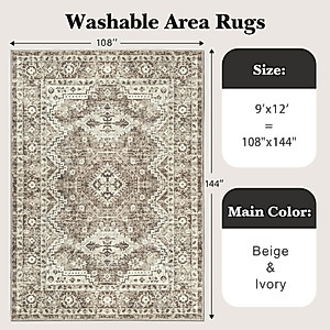 Rugland Area Rug - Stain Resistant Washable Rug, Anti Slip Backing Rugs for Living Room, Vintage Tribal Area Rugs (TPR07-Ivory, 9'x12')