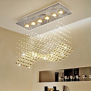 Modern Wave Chandelier, Rectangular Crystal Raindrop Chandelier Flush Mount Pendant Lighting Chrome Ceiling Light Fixture for Dining, Living Room, Kitchen Island, Bedroom of CRYSTOP