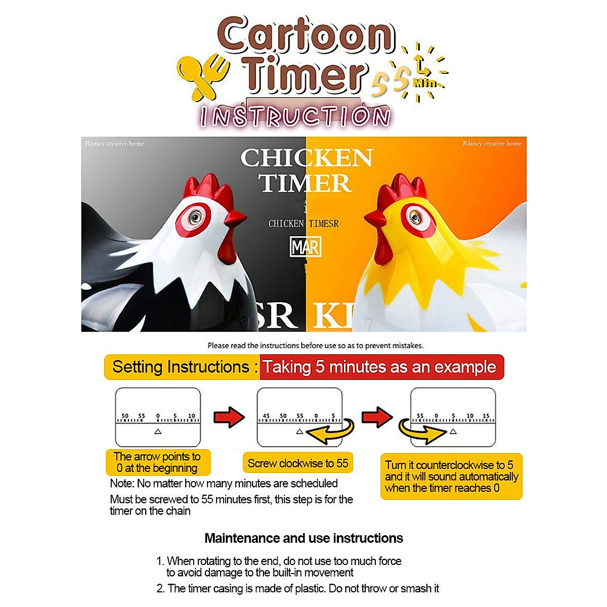 Chicken Timer Cute Cartoon Kitchen Timer Cooking Timer Reminder Countdown Baking Timer for Cooking Baking(White)