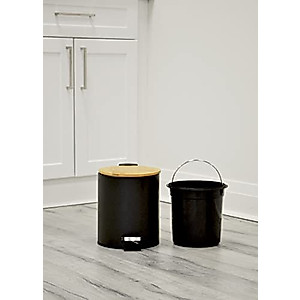 AQ Round Metal 5 Liter/1.3 Gallon Step Trash Can with Removable Liner & Soft Close Lid, Small Garbage Pedal Waste Bin for Bathroom, Bedroom or Office - Matte Black & Bamboo
