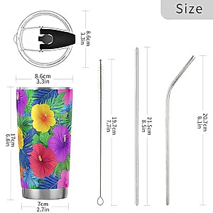 HXshaoye Hawaiian style tropical flowers palm leaves bright neon colors Stainless Steel water bottle with straw with Straw Lid travel coffee mug with lid for camping portable mug 20 oz vaso térmico