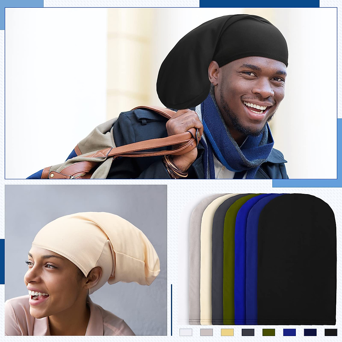 8 Pieces Unisex Dreadlock Cap Dreadlock Spandex Cap Long Hair Dreads Head Wrap Sleep Bonnet Full Cover for Men, 15 x 9 Inch (Assorted Color)