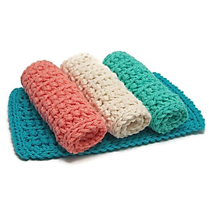 Coral and Aqua 4 inch x 7 inch Rectangular Cotton Dishcloths Set of 4 Lt. Coral Turquoise Ecru Aqua