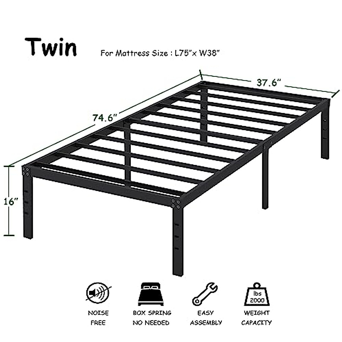 HOBINCHE 16 Inch Twin Size Bed Frame, No Box Spring Needed, Heavy Duty Black Metal Platform Mattress Foundation with Steel Slats, Non-Slip Noise Free Easy Assembly, Cleance Storage
